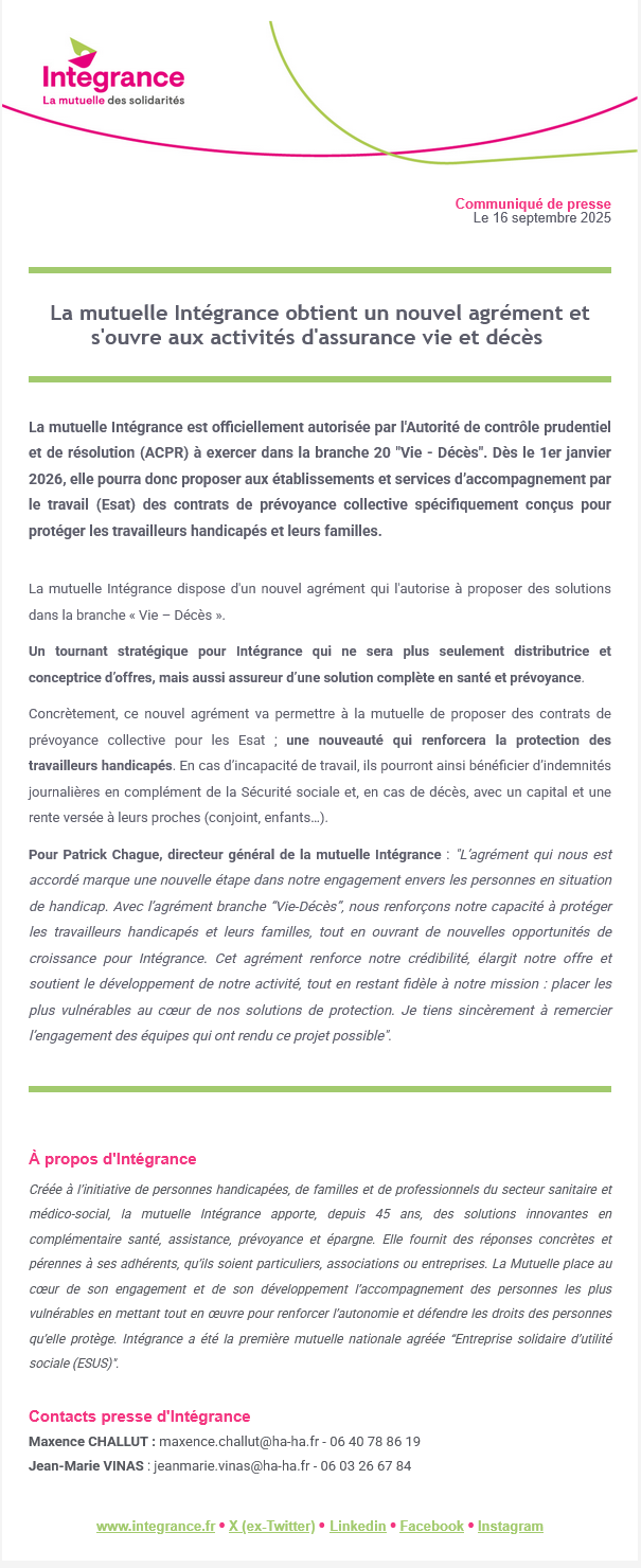 Intégrance obtient l'agrément "Vie-Décès" pour 2026 - Tripalio